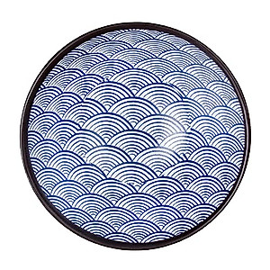 Needzo Brown and Blue Seigaiha Pattern Japanese Melamine Bowl, Serving Bowls for Soup, Ramen, Cereal, and more, Cute Kitchenware, 8.25 Inches