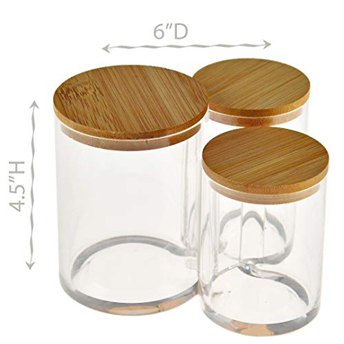 ARAD Cotton Ball, Swab, Q-tip Storage Set, 1-Piece, 3 Compartment, Clear Acrylic Jar Container with Bamboo Lid, Easy Organization on Bathroom Counters, Under-Sink Placement-6"D x 4.5" H