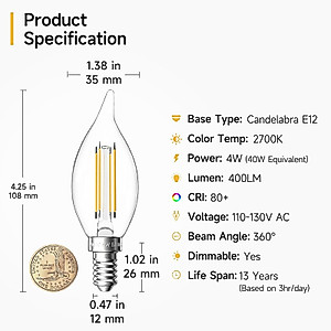 SHINESTAR 8-Pack Chandelier Light Bulbs, 2700K Warm White, 120V 40W Equivalent, E12 Candelabra LED Bulbs, Dimmable