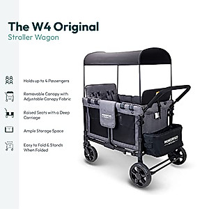 WONDERFOLD W4 Original Quad Stroller Wagon Featuring 4 High Face-to-Face Seats with 5-Point Harnesses, Easy Access Front Zipper Door, and Removable UV-Protection Canopy, Gray