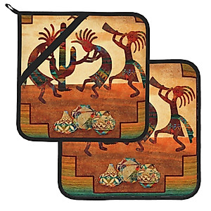 Pot Holders Southwest Native American Kokopelli Square Heat Resistant Kitchen Potholder Set of 2 for Cooking Baking BBQ Oven Hot Pads Oven Mitts 8 X8 Inch