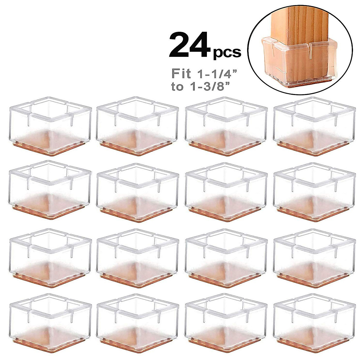 TEKEFT Chair Leg Wood Floor Protectors Flexible Silicone Square 1-1/8" to 1-3/8" Clear (24 pack）