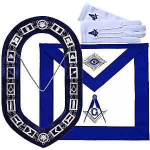 CraftX Blue Lodge Master Mason Apron, Chain Collar, Square and Compass Gloves Set White ADULT