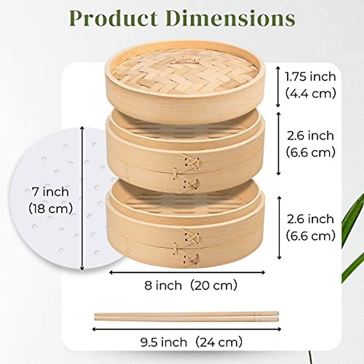 Flexzion Bamboo Steamer Basket Set (8 inch), 50 x Steamer Liners and 2 Pairs of Chopsticks, Steam Baskets for DimSum Dumplings, Rice, Vegetables, Fish and Meat