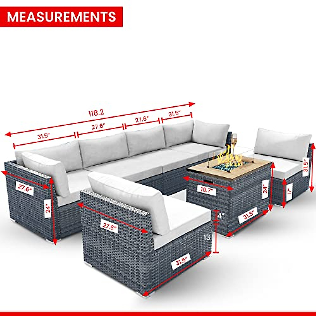 MODENZI Outdoor Sectional Patio Furniture Set with Propane Fire Pit Table Grey Resin Wicker Phoenix Collection Sofa Set (Yellow with Ice Bucket)