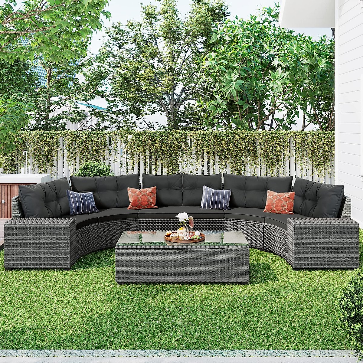 Merax 8-Pieces Outdoor Wicker Round Sectional Curved Sofa Set with Rectangular Coffee Table, PE Rattan Water-Resistant and UV Protected, Movable Cushion, Half-Moon Style, Grey_8Pcs