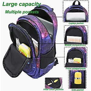 Girls Backpack for Kids Elementary Galaxy Bookbag Girly School bag with Insulation lunch Bag Children Laptop Bag (Galaxy space - Blue-3 pieces)