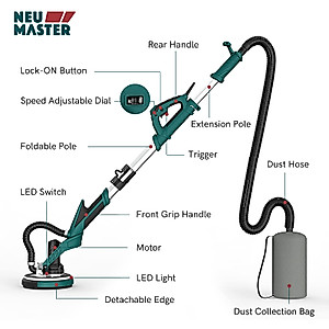 NEU MASTER Drywall Sander, Electric Drywall Sander Variable Speed Pole Sander with Vacuum, 900-1800RPM Foldable Ceiling Sander with 12 Sanding Discs, LED Light, Extendable Handle, Dust Bag and Hose