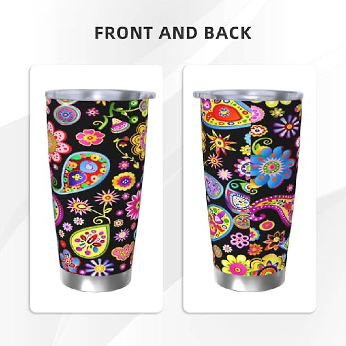AYCZN Paisley Floral 20 OZ Tumbler Stainless Steel Travel Coffee Mug, Mandala Flower Insulated Water Bottle with Lid and Straws Leakproof Thermal Cup