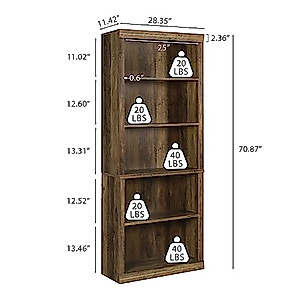 Vikiullf Wood Bookshelf - Tall Bookcase with 5 Storage Shelves, Freestanding Display Book Shelf for Living Room, Bedroom, Home Office Library, Child Room,Rust Brown