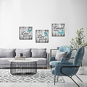 Conipit 3 Pieces Butterfly Wall Art Canvas Teal and Grey Paintings Picture Live Love Laugh Quotes Artwork for Bathroom Living Room Office Wall Decor Ready to Hang 12" L x 12" W x 3pcs