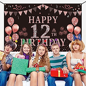 Trgowaul Happy 12th Birthday Decorations for Girls - Pink Rose Gold 12 Birthday Backdrop Banner，Twelve Years Old Birthday Party Supply Photography Background Birthday Sign Poster Decor Gift Daughter