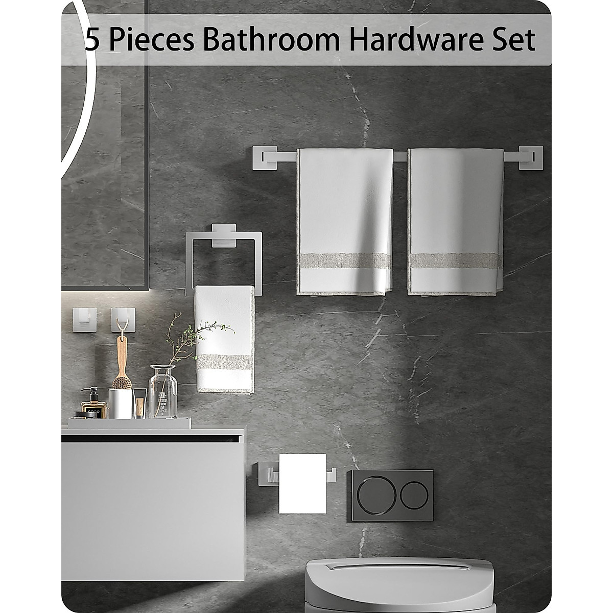 Hinmood Matte Black Bathroom Hardware Set, 5 Pieces Hardware Accessories Set SUS304 Stainless Steel Bath Towel Bar Set, Wall Mounted Towel Rack for Bathroom (Brushed Nickel, 16 Inch)