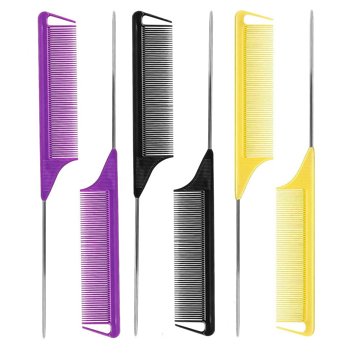 6Pcs Steel Pin Fine Tooth Rat Tail Women's Hair Braiding Combs, Parting Tools for Salon Stylists (Purple, Black, Yellow)