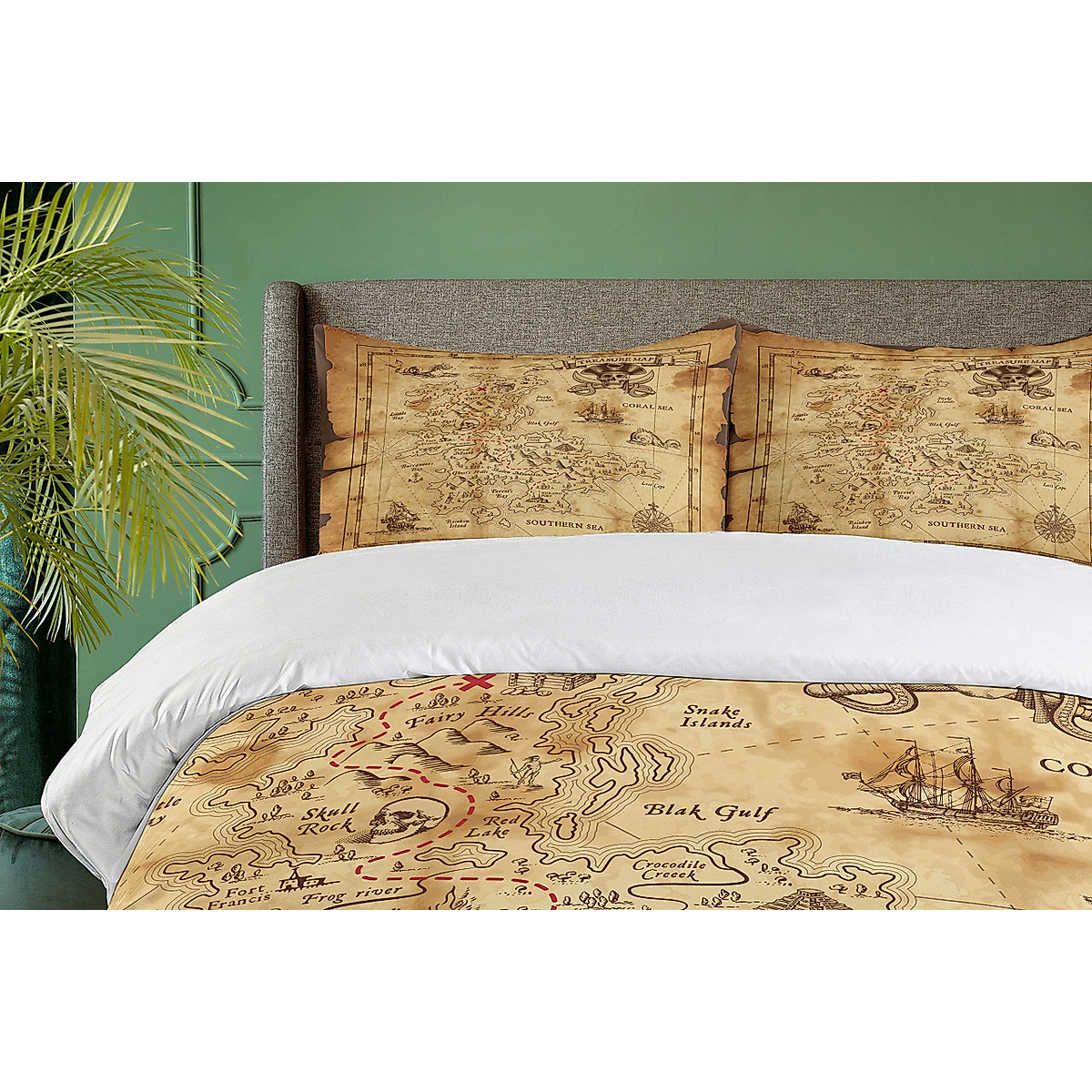 Ambesonne Island Map Duvet Cover Set, Super Detailed Treasure Map Grungy Rustic Pirates Gold Secret Sea History Theme, Decorative 3 Piece Bedding Set with 2 Pillow Shams, Queen Size, Beige Brown