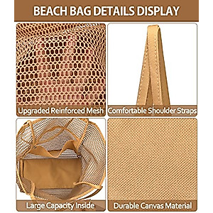 hatisan Beach Bag Mesh Tote Bag,Upgrade Beach Tote with Phone Pouch Women Mesh Bag Shoulder Bag for Beach Travel Vacation (Kakhi)