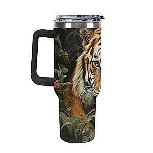 STVNKML 40 Oz Tumbler with Handle Jungle Tiger Stainless Steel Coffee Mug Reusable Travel Mug Leak-proof Insulated Car Cup Large Capacity Tumbler for Travel, Outdoor, Home Use (Black)