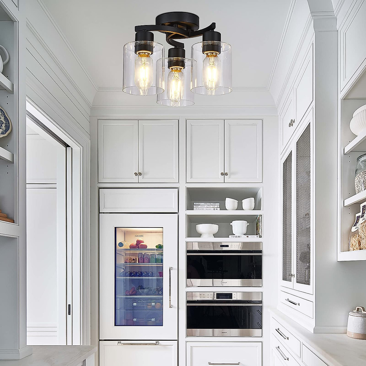 Eatich Flush Mount Ceiling Light, 3-Light Black Ceiling Light Fixture, Kitchen Light Fixtures with Clear Glass Shade, Modern Hallway Light Fixtures Ceiling Mount for Foyer Entryway