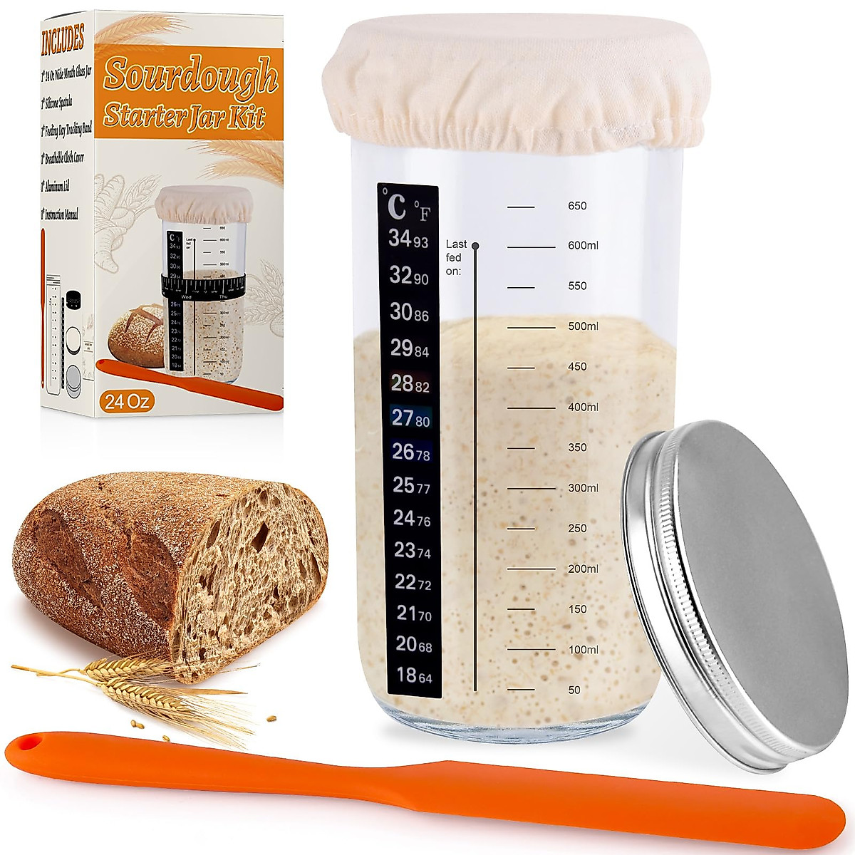 NEOBELLA Sourdough Starter Jar, Sourdough Starter Kit With Thermometer, Scraper, Cloth Cover And Metal Lid, 24 Oz Wide Mouth Sour Dough Starter Container Use For Sourdough Bread Baking Supplies