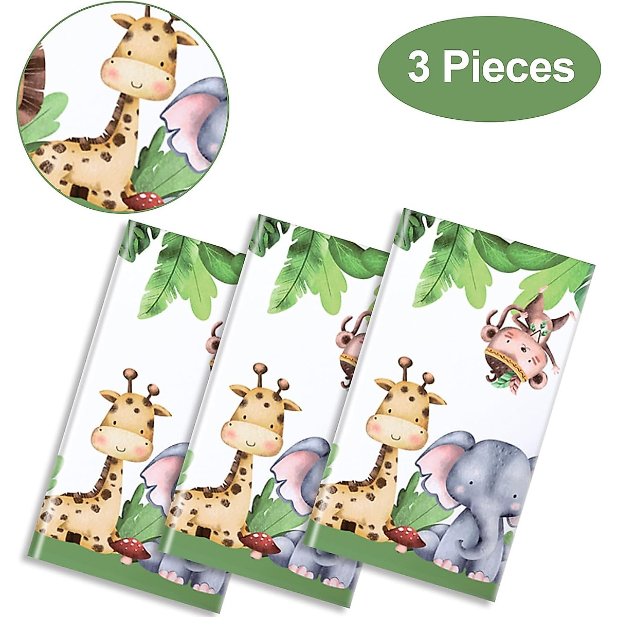FLUBARE 3Pack Jungle Safari Tablecloths Wild Animals Table Cover, Safari Baby Shower Decorations, 108" x 54" Wild One Birthday Party Supplies (Sage Green)
