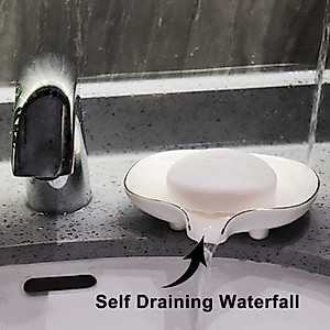 Polyroyal White Soap Dish Ceramic Self Draining Soap Dish Waterfall Slot Gold Edge Bathroom Accessories for Bathroom, Kitchen,Bar Counter