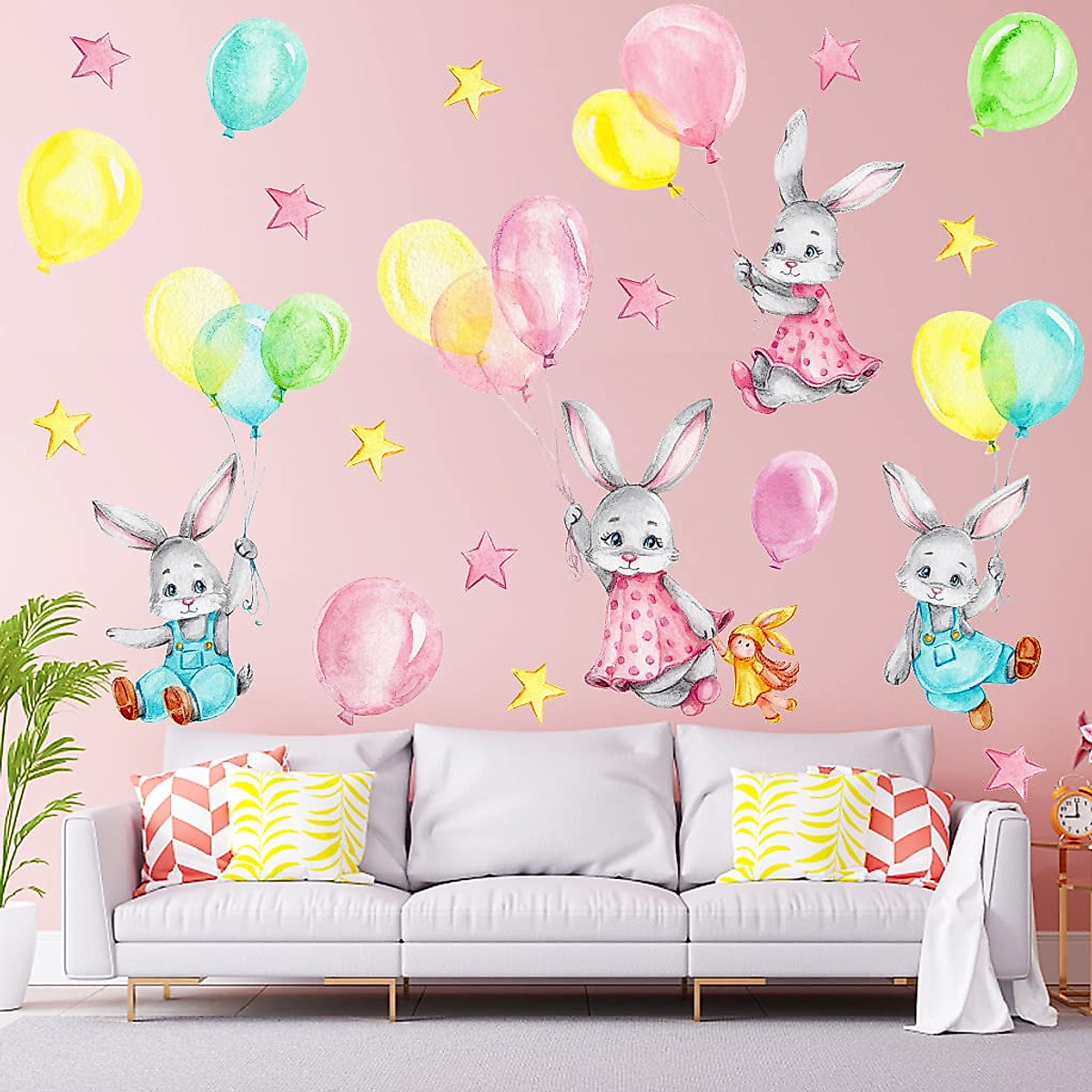 SITAKE Wall Stickers for Kids, Cute Bunny and Balloon Wall Decals, Animal Wall Stickers and Murals, Rabbit Wall Stickers for Girls' Bedroom Nursery Living Room Playroom (Bunny Balloon)