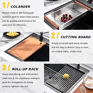 SOMRXO 33 Inch Drop In Kitchen Sink Black Stainless Steel Workstation 33x22 Kitchen Sink Drop In Workstation Sink Topmount 16 Gauge Gunmetal Black Stainless Steel Sink 10"Deep Single Bowl Kitchen Sink