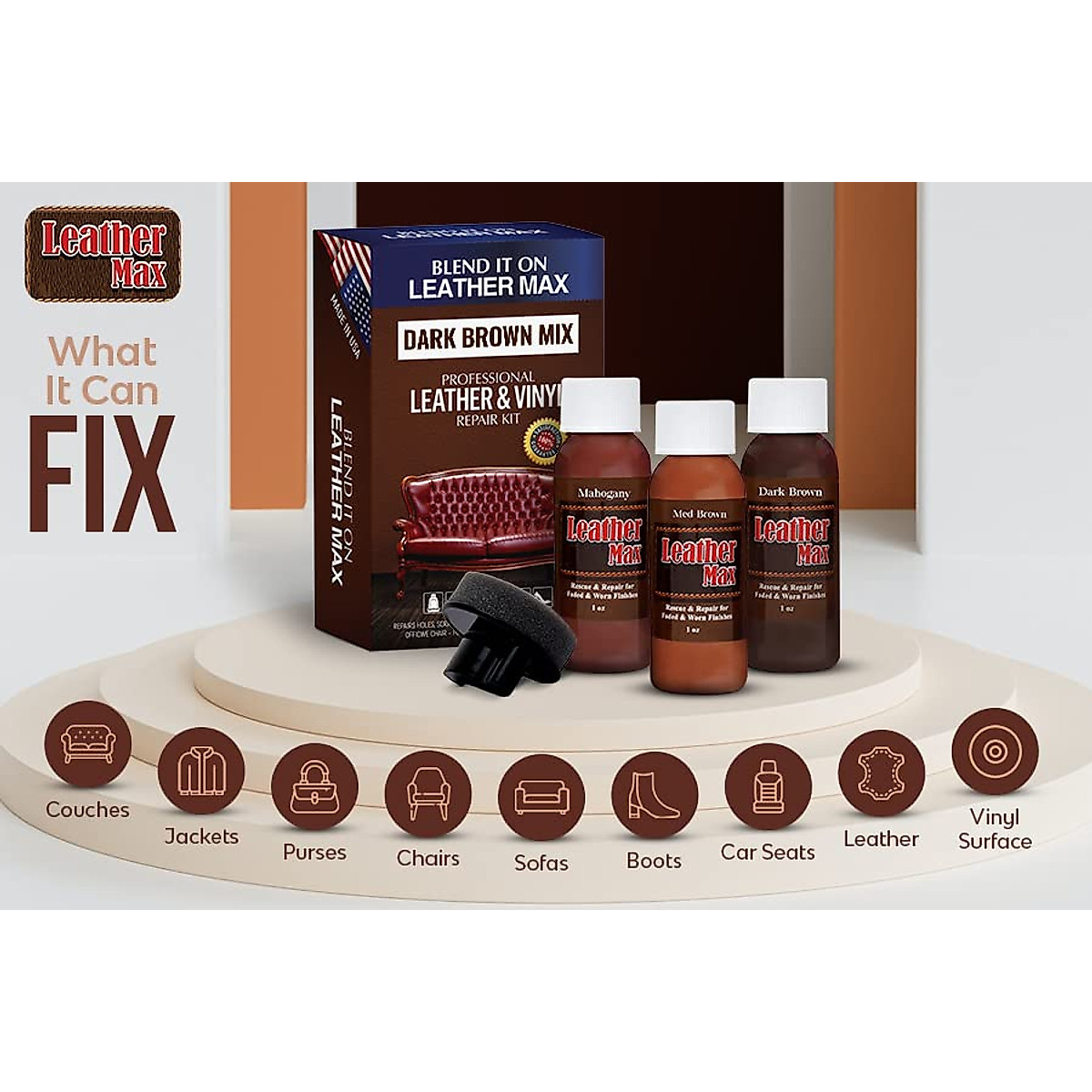 Leather Max Quick Blend Refinish and Repair Kit, Restore, Recolor & Repair / 3 Color Shades to Blend with/Leather Vinyl Bonded (Dark Brown Mix)