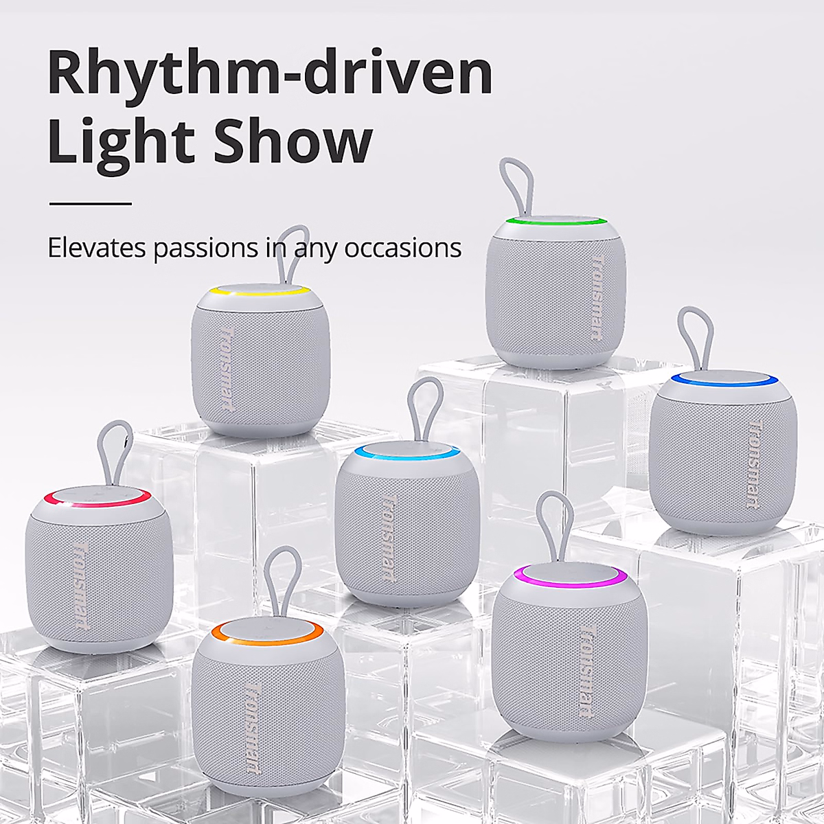 Tronsmart T7 Mini Compact Portable Bluetooth Speaker with Lights, Stereo Sound, Bluetooth 5.3, 18H Playtime, Stereo Pairing, Voice Assistant, IPX7 Waterproof Shower Speaker & Outdoor Speakers (Grey)