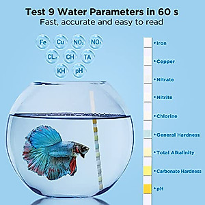 9 in 1 Aquarium Test Strips - 100 Strips Aquarium Water Test Kits for Freshwater Saltwater - Testing for Iron, Copper, Nitrite, Nitrate, pH, GH & KH, Chlorine, Total Alkalinity