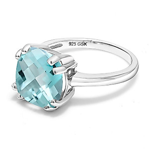 Gem Stone King 925 Sterling Silver Sky Blue Topaz Double Prong Ring For Women (4.65 Cttw, Cushion Checkerboard 10MM, Gemstone Birthstone, Available in size 5, 6, 7, 8, 9)