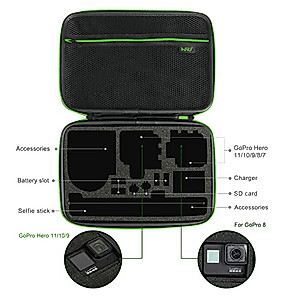 HSU Large Carrying Case for GoPro Hero 10 Hero 9 Hero 8 and Accessories, DJI Osmo Action,AKASO,Campark,YI Action Camera and More (Upgrade Sponge Precut Slots) (Green)
