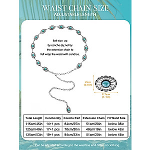 FIORETTO Concho Chain Belt for Women Oval Turquoise Metal Waist Chain Western Belts for Dress Silver