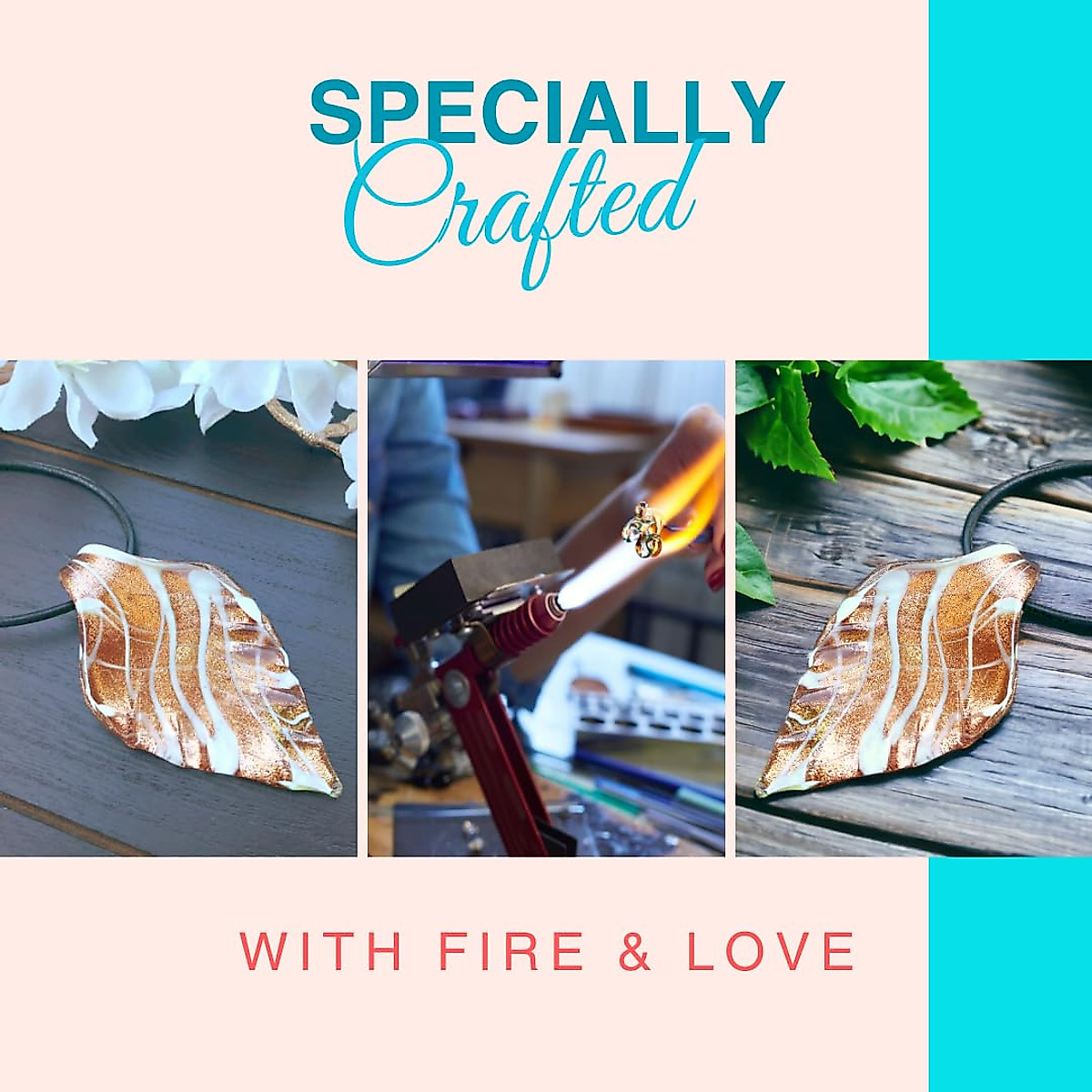 BESHEEK Handmade Murano Inspired Blown Abstract Glass Lampwork Art Pendant Necklace for Women Handcrafted Artisan Hypoallergenic Italian Style Jewelry (Goldtone Leaf Glass)