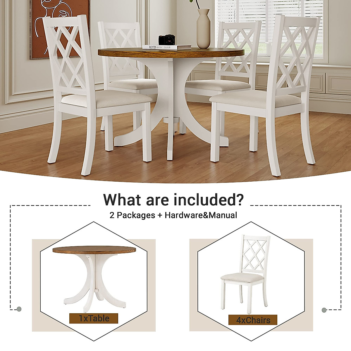 5-Piece Round Dining Table Set Solid Wood Kitchen Table and Chairs for 4, Mid-Century Modern Small Breakfast Table Set with 4 Upholstered Dining Chairs, Walnut Table+Beige Chair