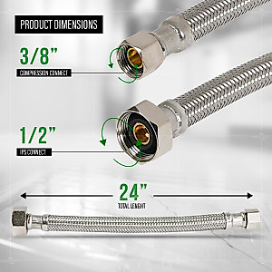 Highcraft CNCT27124-OM-2 Faucet Supply Line Connects Kitchen Sink To Water Supply, Braided Faucet Connector With 1/2 In x 3/8 In Brass Nut, Stainless Steel 24 In (Pack Of 2)
