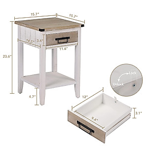 RUSTOWN Farmhouse Bedside Table Set of 2, Rustic Nightstand with Drawers and Open Shelf, Side Table End Tables for Bedroom/Living Room/Lounge (Vintage White)