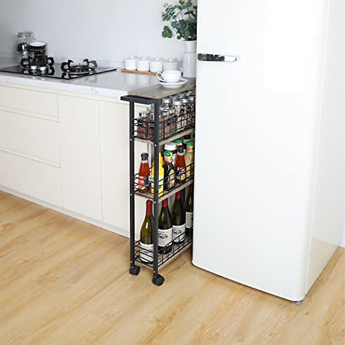 LUMAMU Slim Storage Cart for Small Spaces, 4 Tier Mobile Rolling Cart with Wheels Slide Out Storage Utility Shelves Cart with Wooden for Kitchen Narrow Spaces