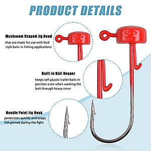 Ned Rig Jig Heads Kit, 20pcs Mushroom Head Ned Jig Hooks for Soft Lures Finesse Mushroom Jig Heads Hook Weedless Jig Heads for Bass Fishing 1/10oz 1/8oz 1/6oz (1/8oz (3.5g) - 20pcs)