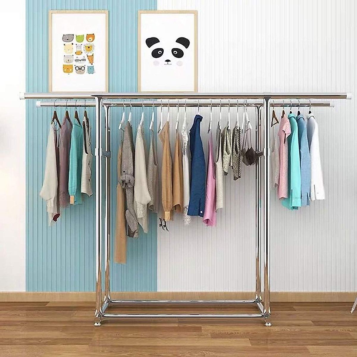 Jixi Drying Rack Clothes Airer Stainless Steel Drying Rack Floor Telescopic Indoor and Outdoor Home Balcony Double Pole Clothes Hanger Laundry Rack (Color : Stainless Steel)