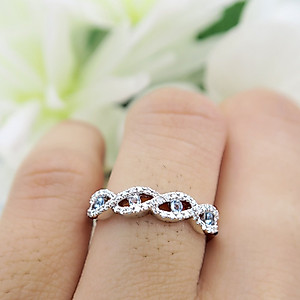 Dazzlingrock Collection Round Aquamarine & White Diamond Stackable Wedding Band Swirl Ring in 10K White Gold, Size 6.5