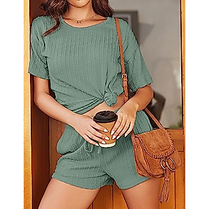 Ekouaer Women's 2 Piece Lounge Sets Ribbed Knit Matching Outfits T-shirt and Shorts Sets Loungewear Casual Pajamas Green Small