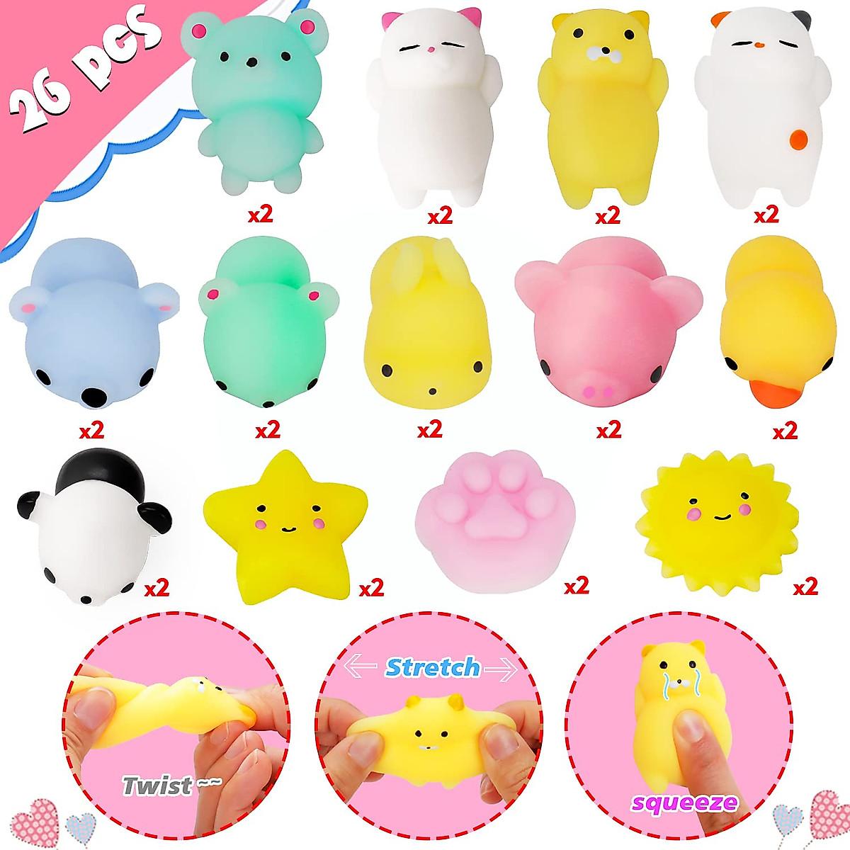26 Packs Mochi Squishy Toy Valentines Day Gifts Cards for Kids Classroom Fidget Toys Preschool Exchange Gifts Cards Classmate Gifts