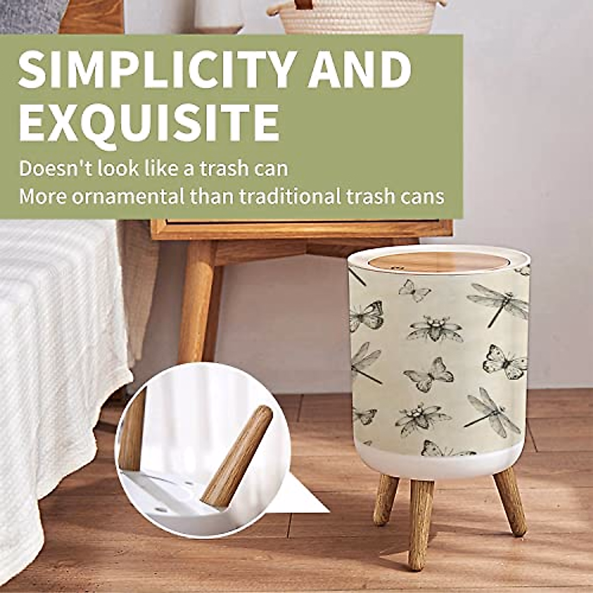 Small Trash Can with Lid Seamless with dragonflys cockchafer and butterflies Dragonfly Garbage Bin Round Waste Bin Press Cover Dog Proof Wastebasket for Kitchen Bathroom Living Room 1.8 Gallon