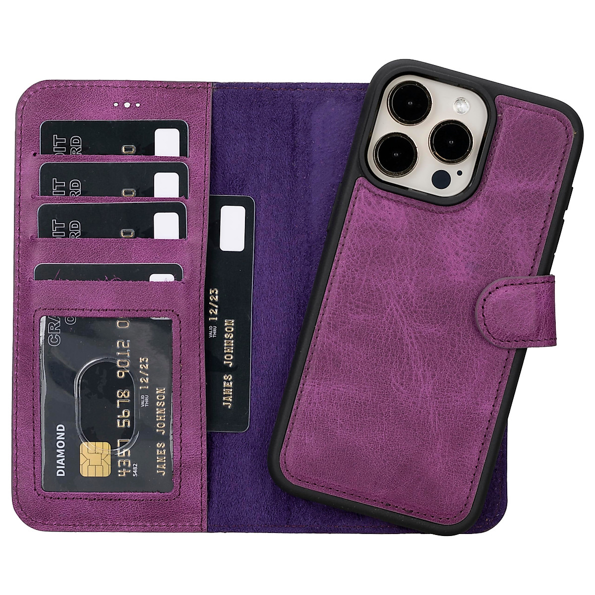 HARDISTON Genuine Leather Handmade Wallet Case Compatible with iPhone 15 Pro Max - MagSafe Compatible - Detachable Magnetic Flip Cover with Card Holders - Horizontal Kickstand (Purple)