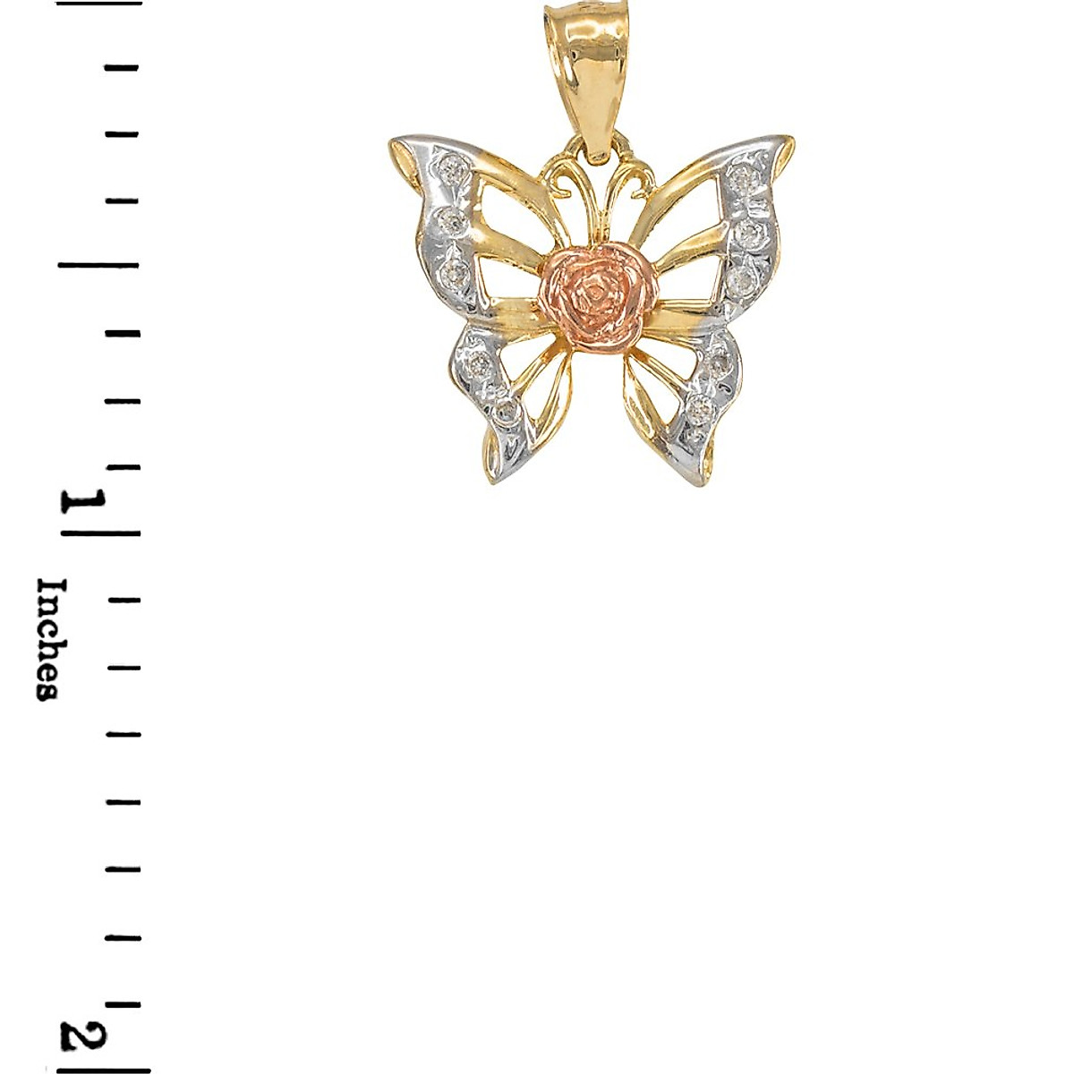 10k Tri-Tone Gold CZ-Studded Filigree Rose Butterfly Pendant Necklace, 18"
