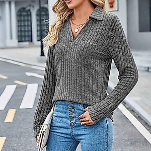 Women's Fashion Pullover Knitted Ribbed Shirts Long Sleeve V-Neck Blouse Tops Casual Fall Clothes for Women 2024 Cute Sweatshirts Dark Gray