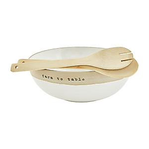 Mud Pie Stoneware Salad Bowl Set, White, bowl 4 1/2" x 12" dia | utensils 11 1/2"