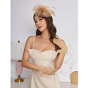 Durzasvo Women's 2PC Fascinator and Lace Glove Wedding Tea Party Kentucky Derby Mesh Flower Feather Fascinators with Headband and Clip Gold