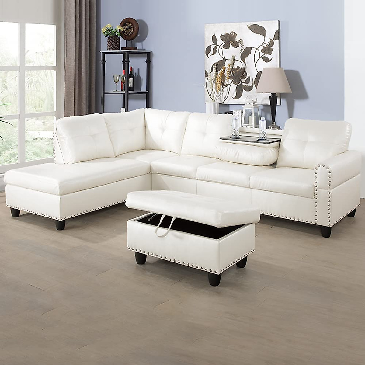 GEBADOL 97" Wide Rivet Designed L-Shaped Sofa Set 3 Pieces Faux Leather Couch and Chaise with Extra Storage Ottoman for Living Room/Office/Apartment (Left-Hand Facing, White)